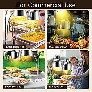 BriSunshine Food Heat Lamp with Dual 250w Bulbs, Commercial Food Warmer Lamp with Adjustable Support, Stainless Steel Food Warming Heating Light for Restaurant Kitchen Buffet Countertop Tabletop