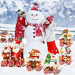 Christmas Train Yard Signs with LED Lights - Christmas Tree Santa Elf Snowman Train Set Lawn Signs with Stakes for Holiday Xmas Lawn Garden Yard Decorations Outdoor, 5 Pack