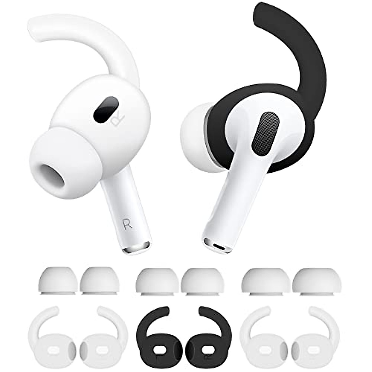 Ear Hooks Compatible with AirPods Pro 2nd Generation, Anti-Slip Non-Slip Silicone Eartips and Covers Wings Tips Accessories Compatible with AirPods Pro 2 2022 White Black L/M/S