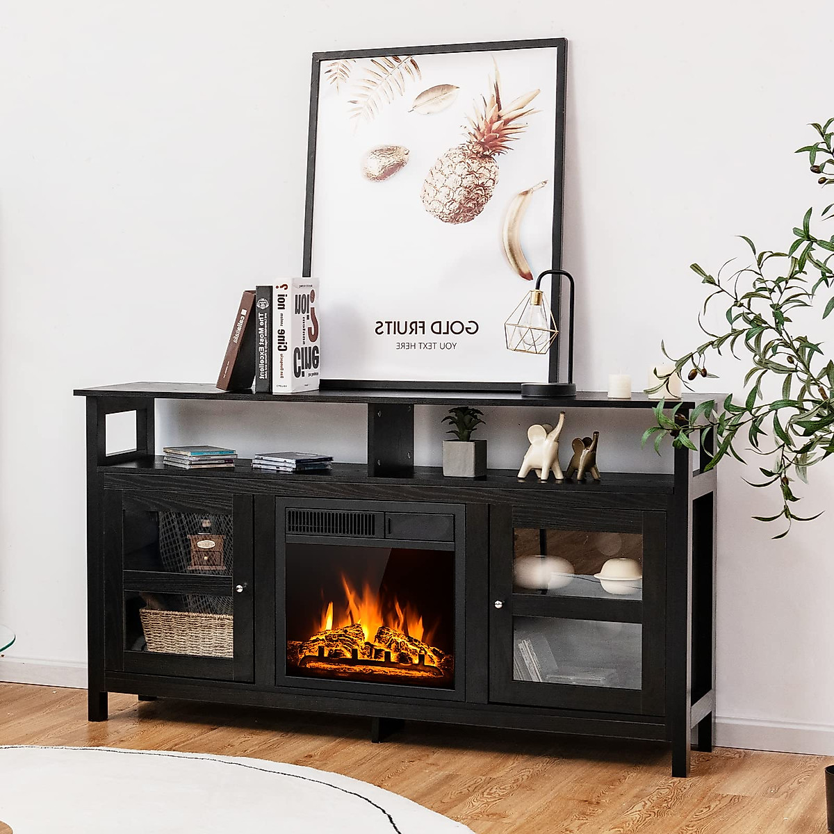 Tangkula Fireplace TV Stand, Farmhouse Media Console Table w/18 1500W Electric Fireplace for Flat Screen TVs up to 65", Modern Fireplace Space Heater w/Adjustable Brightness & Remote Control (Black)