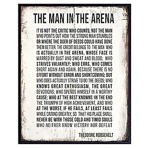 Teddy Roosevelt Man in the Arena Inspirational Quote Wall Art Print - Rustic 8x10 Sign Poster Photo - Home, Dorm, Office Decor - Motivational Gift for Entrepreneur, Graduation, Student - Unframed
