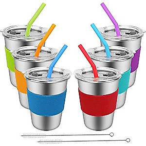 Spill Proof Cups for Kids, 6 Pack 12oz Stainless Steel Kids Cups with Straws and Lids, Unbreakable Toddler Tumbler Baby Water Drinking Glasses, BPA-Free Reusable Child Adult Metal Smoothie Sippy Mug