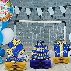 9 Pieces Blue Gold Birthday Table Decorations Happy Birthday Honeycomb Centerpieces Glitter Table Toppers, Blue and Gold Party Decorations for Kids Baby Shower, Men and Woman Birthday Supplies