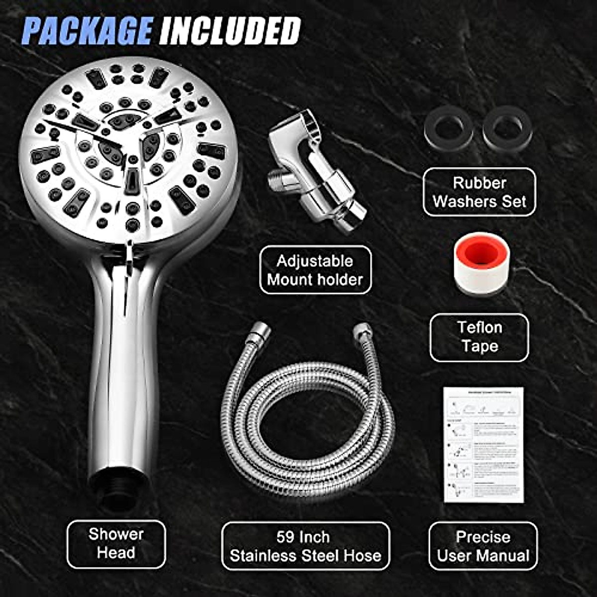 Likense High Pressure Shower Head with Handheld, 10 Spray Settings Water Saving Shower Heads with Stainless Steel Hose,Holder & PTFE Tape, Wider Silver Face for Tubs Tiles Walls Pets Cleaning