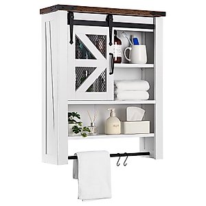 GAOMON Bathroom Organizer Cabinet, Over The Toilet Bathroom Cabinet with Towels Bar & Hooks, 3-Tier Over Toilet Cabinet with Sliding Barn Door for Bathroom Laundry Kitchen, Wall Mounted