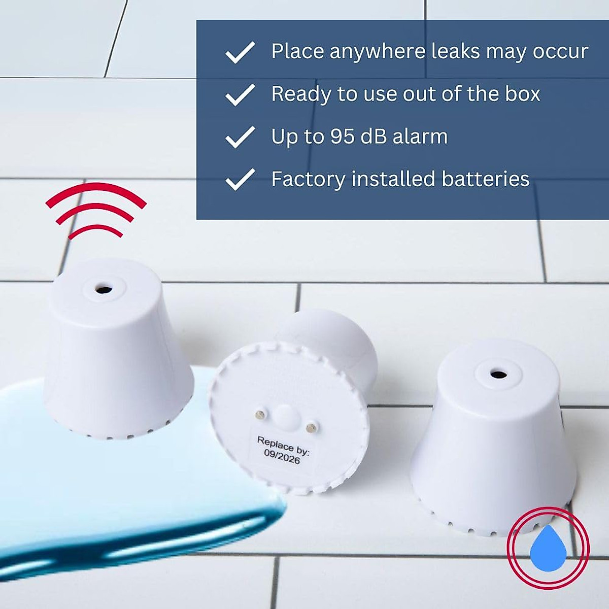 Flood Buzz Water Leak Alarm; Water Leak Detector for Homes and Businesses; Reusable with Factory Installed Battery - 6 Pack
