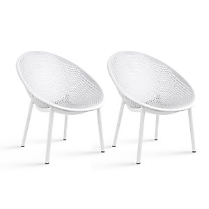 2xhome Set of 2 Modern Oval Chairs, Contemporary Accent Lounge Chairs with Perforated Breathable Egg Shaped Pod Seat for Kitchen, Dining, Patio, Indoor, Outdoor, White