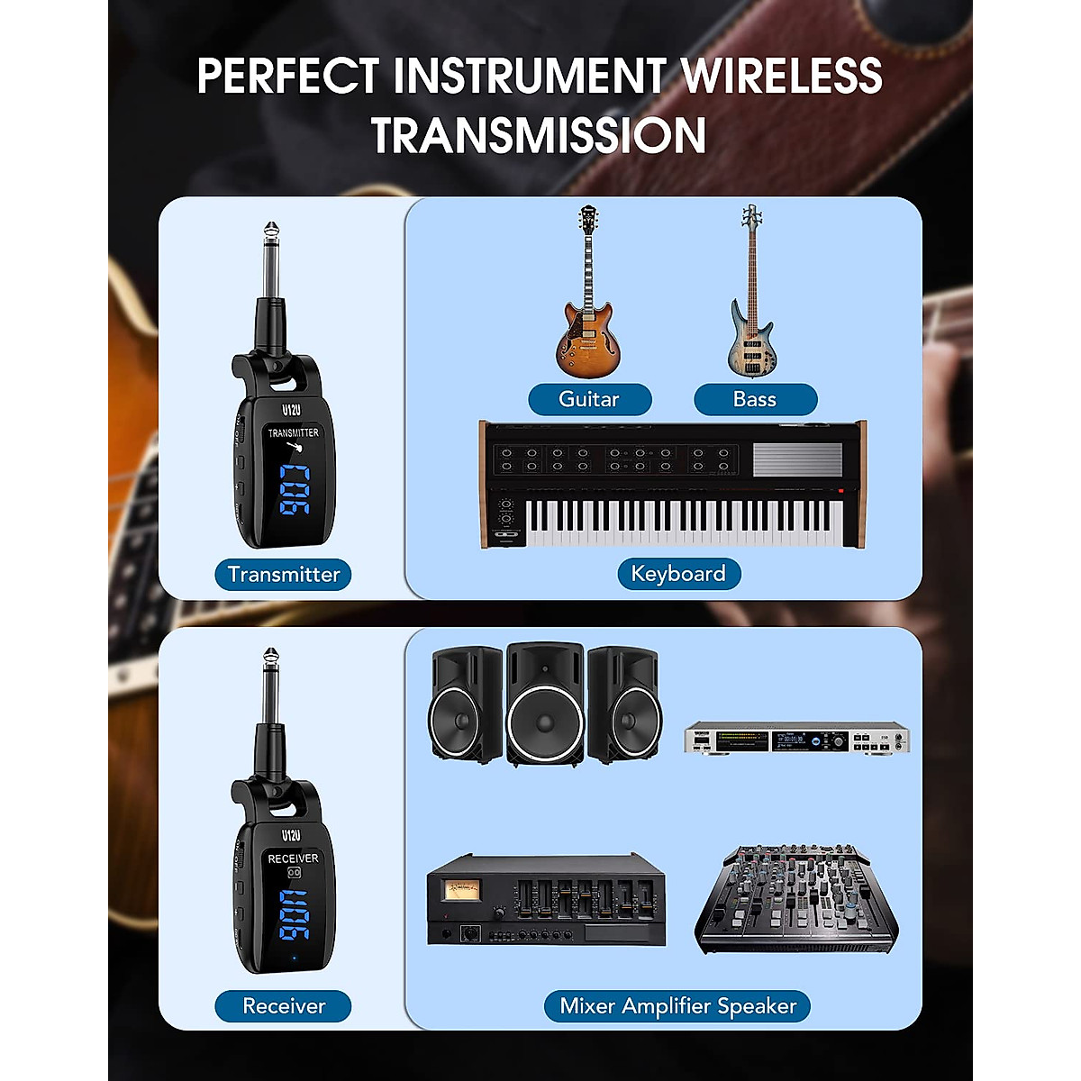 TTSTAR ISAIBELL Wireless Guitar System Instrument System Electric Guitar Transmitter Receiver Rechargeable Bass Accessories Digital Display Stereo Jack Audio Cable Adapter 15Set Frequency