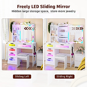 FOMNEY RGB LED Vanity Desk with Mirror and Lights, Makeup Vanity Desk with 3-in-1 Charging Station, Vanity Set with Stool＆Sliding Touch Mirror, Makeup Dressing Table with 5 Drawers (White)