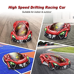 JELOSO Remote Control Car, 4WD 2.4GHz Fast RC Drift Stunt Race Car 360°Rotating Hobby RC Sport Car with LED Lights & Music, Cool Vehicle Toys Birthday Xmas Gifts for Kids Boys Girls Age of 6-12