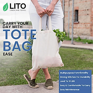 LITO LINEN AND TOWEL Tote Bag|Shopping Bags with Handle Blank Canvas Tote Bags for DIY Branding Gift Cloth Bags Reusable Grocery Bag 3 Pack