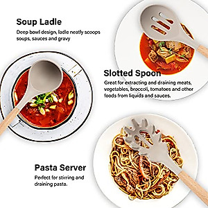 NCUE Kitchen Utensils Set with Holder, 26 pcs BPA Free Non-stick, Wooden Handle Heat Resistance Silicone Spatula Spoon Kitchen Gadgets Cooking Utensils Set (Khaki)