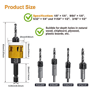 LEOMAUNYX 5 Pcs Countersink Drill Bit Set: Replaceable HSS M2 Tapered Bits - 82° Counter Bore with Adjustable Depth Stop, Carbide Drill Bits 1/4” Hex Shank for Wood, Plastic, Woodworking