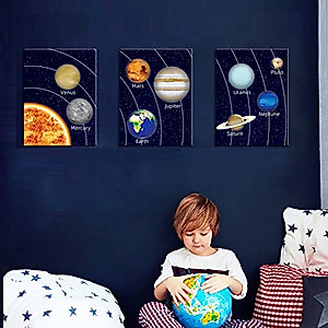 KAIRNE Kids Space Room Decor Framed Outer Space Wall Art Set Of 3 (12X16inch) Kids Picture Planets Pictures Solar System Educational Teaching Poster for Boys Room Nursery Kids Playroom Decor