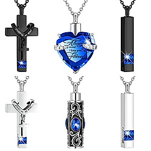 Fumete 6 Pcs Urn Necklace for Ashes Cremation Heart Cross Cubic Urn Stainless Steel Keepsake Locket Ashes Keepsake Memorial Ashes Necklace for Men Women Pendant (Dark Blue)