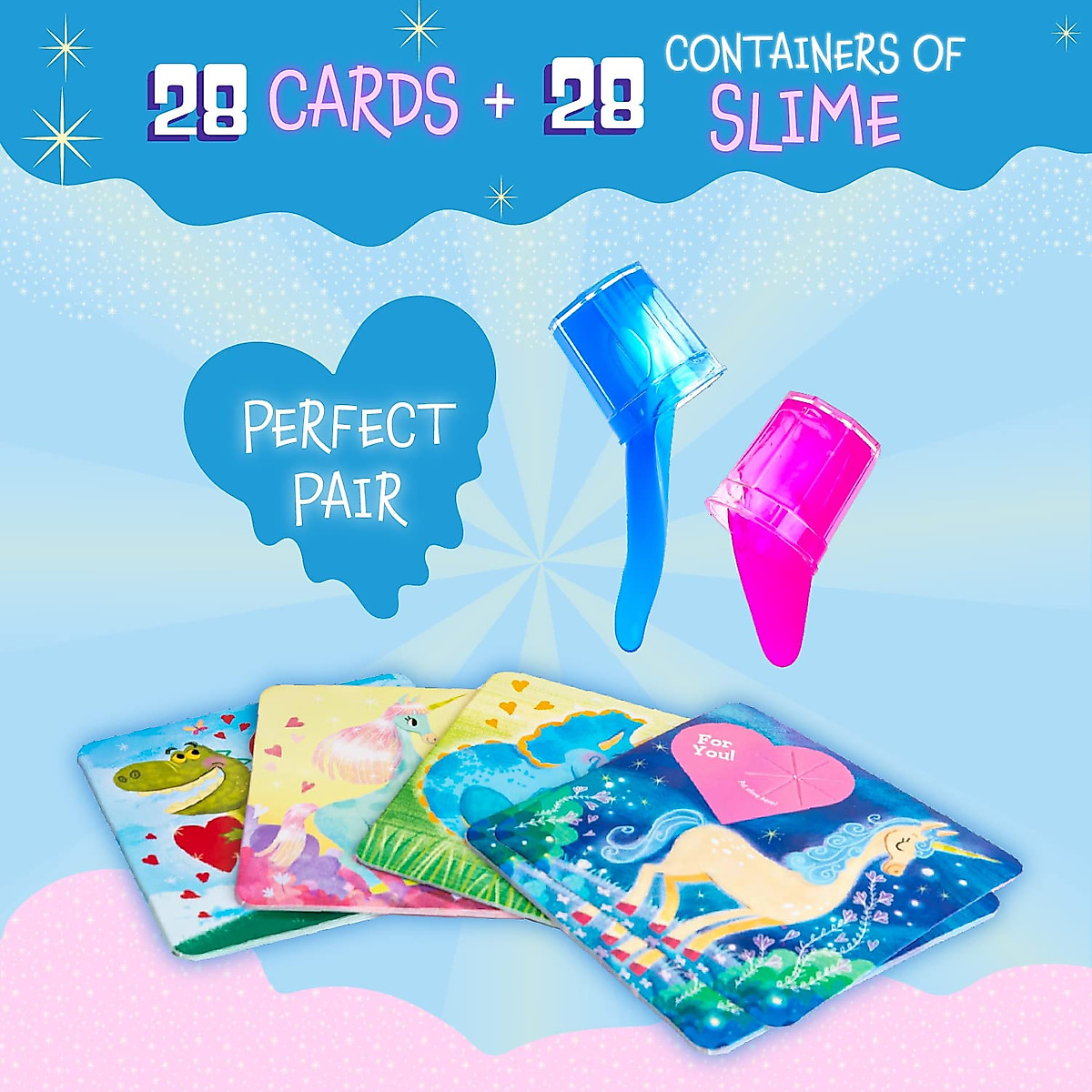 Magical Friends Valentines Slime Super Fun Pack, 28 Containers of Slime and Valentines Cards for Kids School Classroom Party Favors