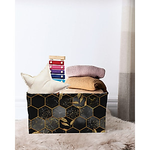 Marble Cube Storage Organizer Bins with Handles,15x11x9.5 Inch Collapsible Canvas Cloth Fabric Storage Basket,Black Gold Grey Grid Irregular Comb Plaid Geometric Books Kids' Toys Bin Boxes for Shelves