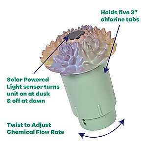 GAME 12043-BB, Solar Light Up Succulent, Holds 3"-Tablets. Chlorine Pool Dispenser, LED Light Sensor, Expandable Basket, Adjustable Flow, Green