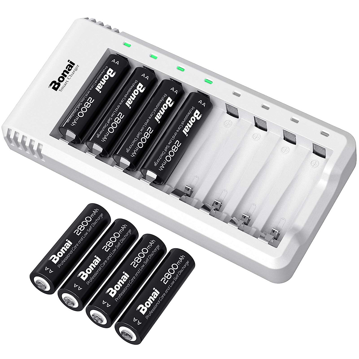 BONAI AA Rechargeable Batteries with Charger 8 Pack 2800mAh High Capacity Ni-MH Rechargeable AA Batteries with Charger AA Set (8-Slot Charger with USB & Independent Design for AA AAA)