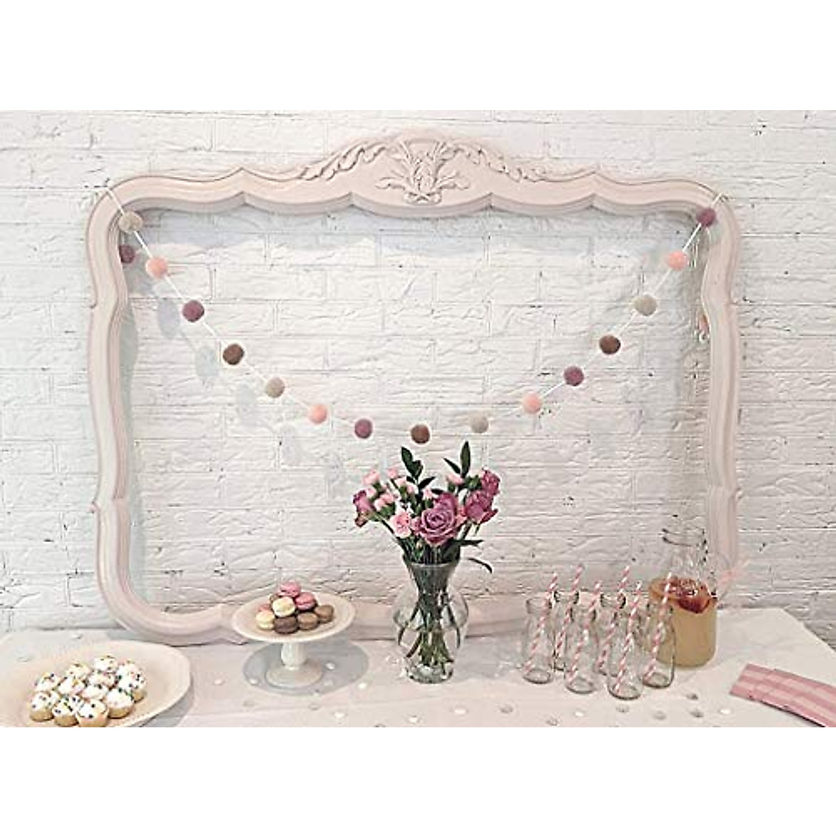 Pink Pom Pom Garland | Felt Ball Garland for Nursery, Baby Shower, Birthday and Mother's Day | Boho Bedroom Decor for Girls | Blush Pink, Mauve and Mustard Gold