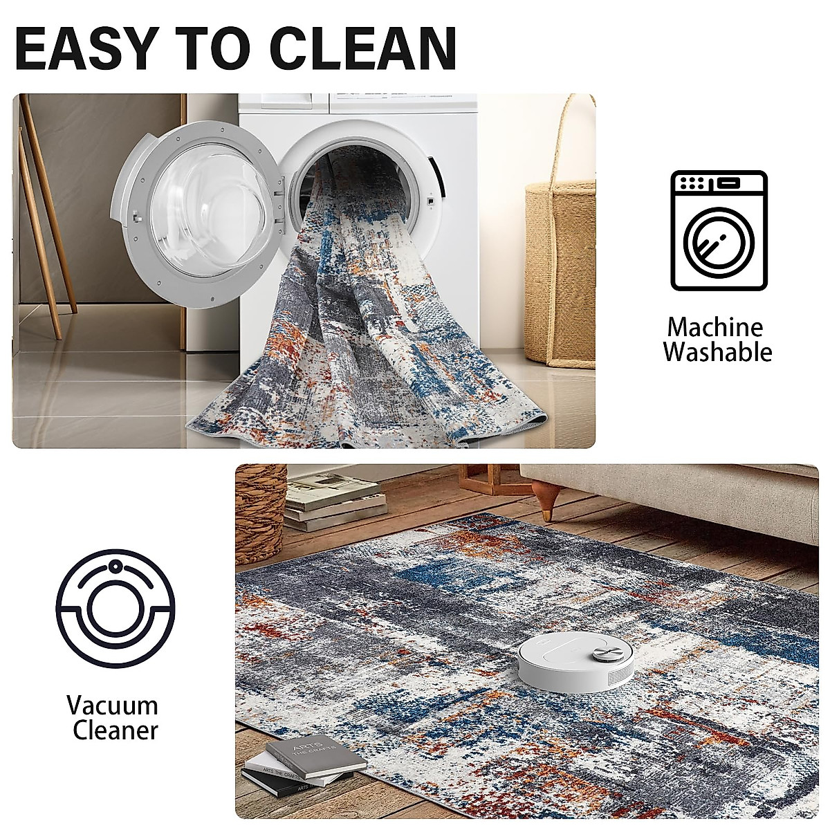 HOYAWU 5x7 Washable Area Rug, Non Slip Abstract Rugs, Soft Faux Wool Living Room Rug, Low Pile Rugs for Living Room Bedroom Dining Room, Grey