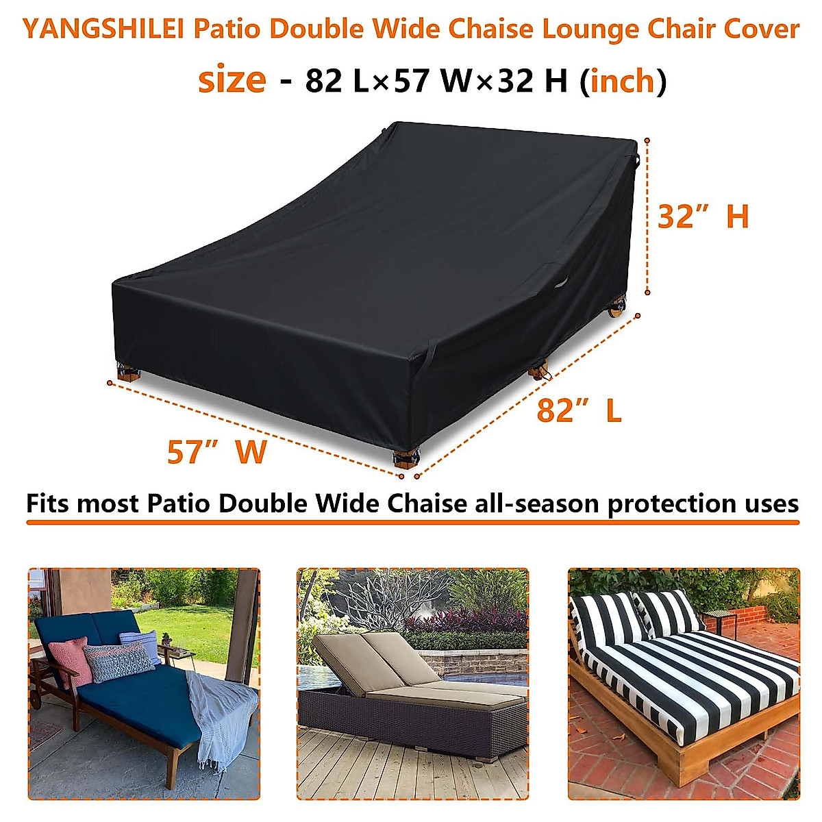 Patio Furniture Covers for double Chaise Lounge,100% Waterproof Lounge Chair Covers for Outside Patio Lounge Chair,Outdoor Couch Cover for Double Wide Wicker Daybed Chaise Lounge Chair (Black)