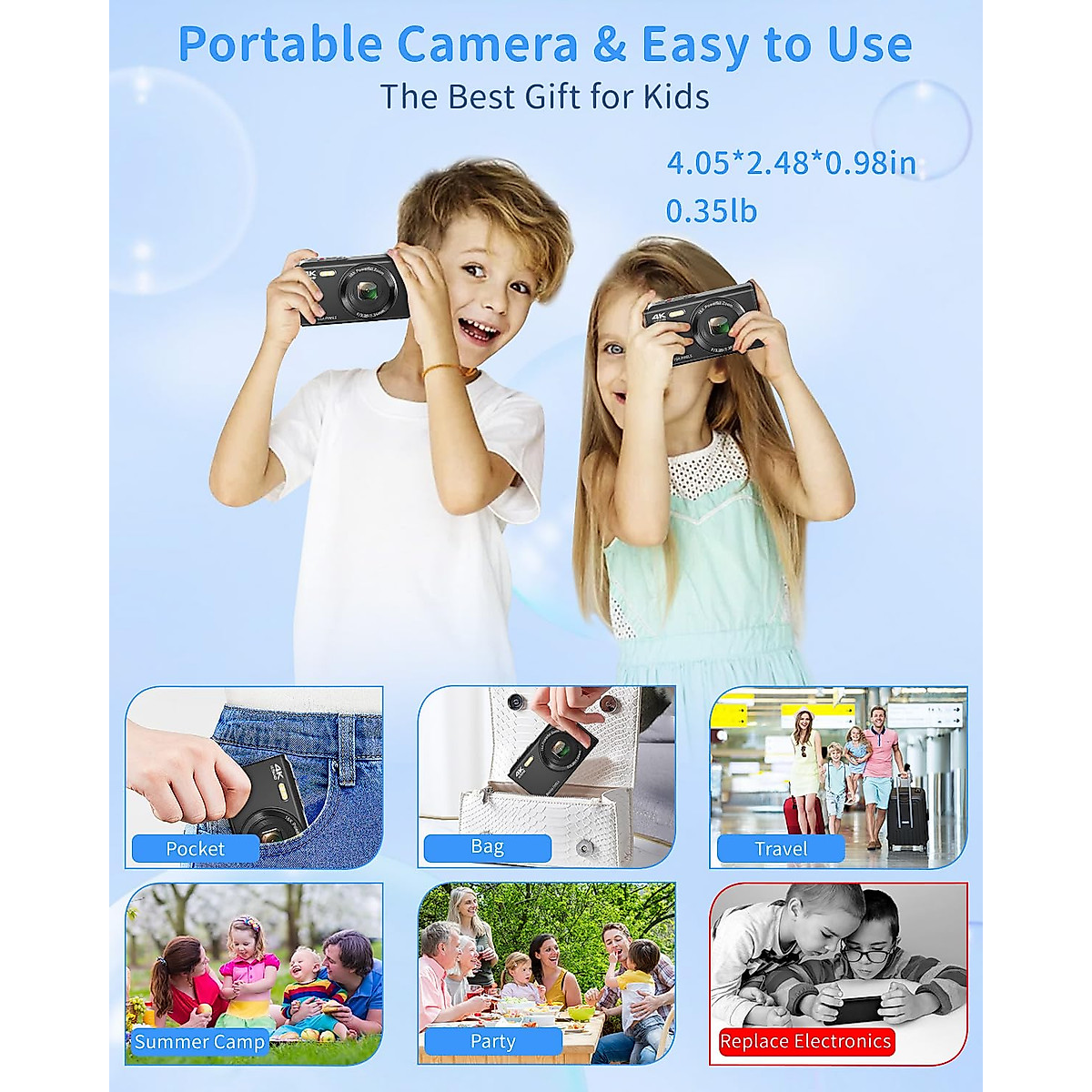NIKICAM Digital Camera,4K 44MP Kids Digital Camera with 32GB SD Card Compact Point and Shoot Camera with 16X Digital Zoom 2.4 Inch Portable Small Camera for Kids Teens Adults-Black