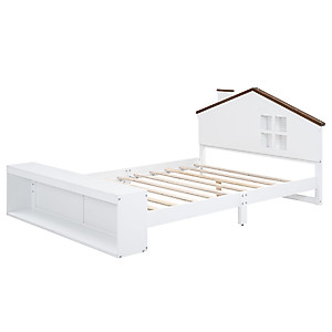 Merax Full Size Platform Bed, Wood Full House Platform Bed Frame with LED Lights and Storage, White