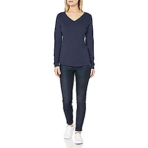 Amazon Essentials Women's Classic-Fit 100% Cotton Long-Sleeve V-Neck T-Shirt, Navy, XX-Large