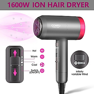 Hair Dryer with Diffuser, Professional Salon Negative Ions Blow Dryer Powerful 1600W for Fast Drying, 3 Heating & Infinity Speed, with Constant Temperature, No Hair Damage, Low Noise