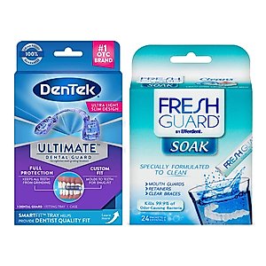 DenTek Ultimate Guard for Nighttime Teeth Grinding with Fresh Guard Soak Clear Braces