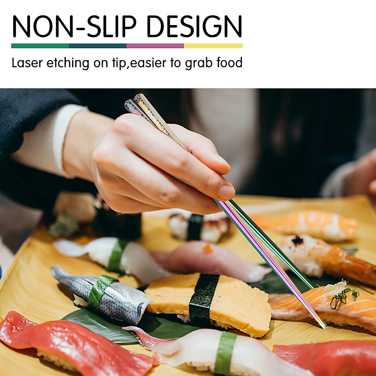 Jaaytct Stainless Steel Chopsticks Reusable 5 Pairs Multicolor Rainbow Metal Chopsticks Dishwasher Safe Square Lightweight Non-Slip Chop Sticks Laser Engraved Cherry Blossoms Pattern for Home Kitchen