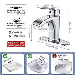 Solepearl Waterfall Bathroom Faucet Chrome, Modern Single Handle Single Hole Bathroom Sink Faucet Flat Spout, 1 or 3 Holes Lavatory Basin Vanity Commercial Solid Brass Faucet with Deck Plate