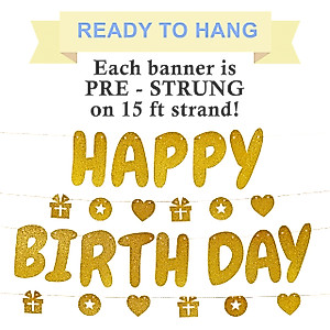 CUTPOPUP Gold Glitter Happy Birthday Banner - Pre-Strung - and Gold Glitter Circle, Star, Heart, Gift Dots Garland for Men Women Birthday Party Decorations, Happy Birthday Door Banner