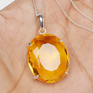 GEMHUB 65.00 Ct. Yellow Citrine Gemstone Pendant Without Chain Sterling Silver Oval Shape Yellow Citrine Pendant Without Chain