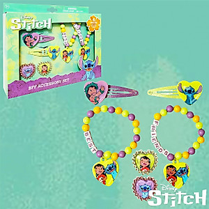 LUV HER Disney Stitch Girls BFF 6 Piece Toy Jewelry Box Set with 2 Rings, 2 Bead Bracelets and Snap Hair Clips Ages 3+
