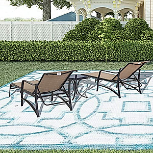 LOKATSE HOME Outdoor Patio Adjustable Metal Chaise Lounge Chair Recliner Set of 2 with 1 Glass Top Bistro Table, Beige