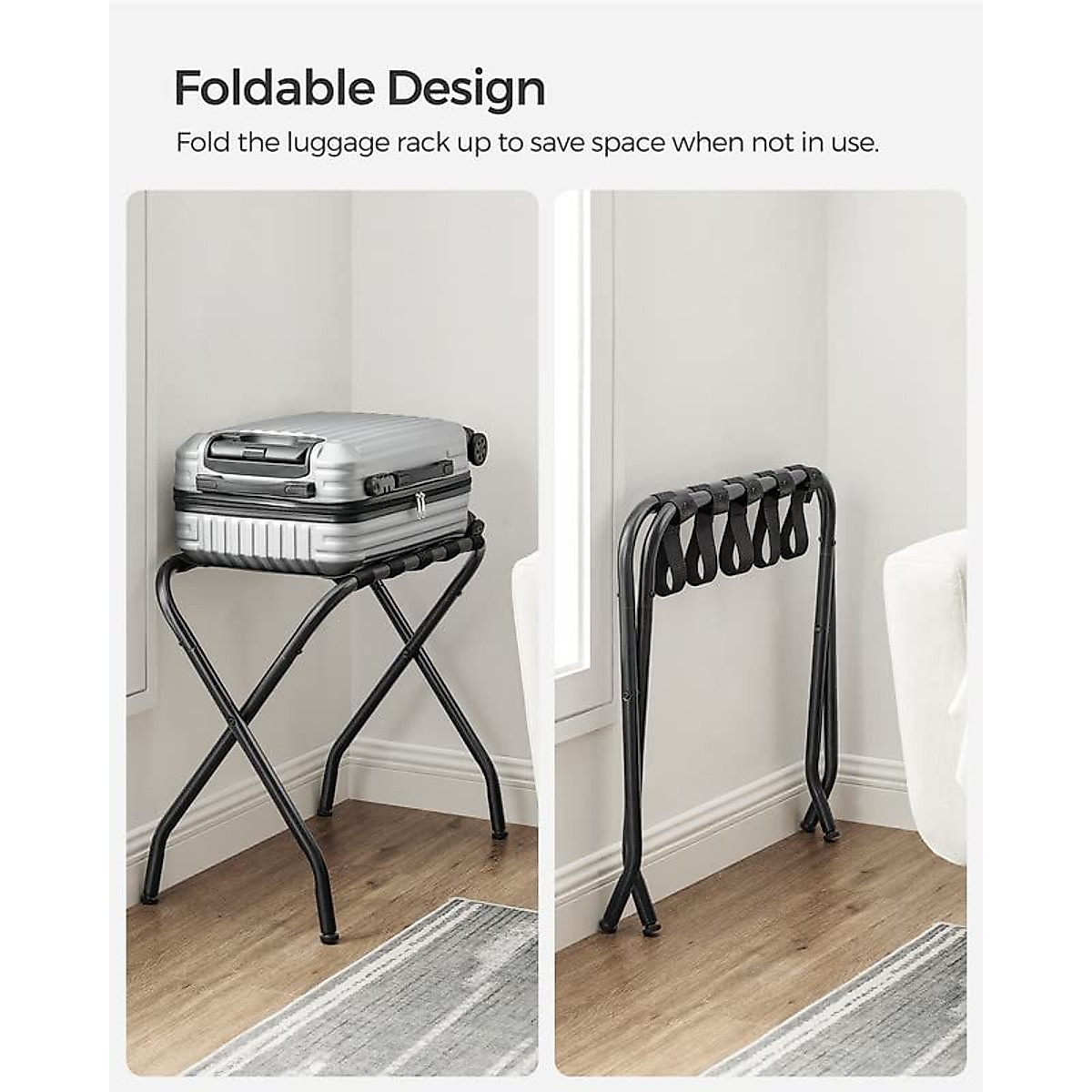 SONGMICS Luggage Rack, Luggage Rack for Guest Room, Suitcase Stand, Steel Frame, Foldable, for Bedroom, Black URLR64B