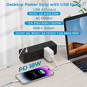 Desk Clamp Power Strip with 8 Outlets, Desk Power with 3 USB-A and 1 USB-C(18W) Ports, Desktop Power Strip Fast Charging Station, 6.6 FT Flat Plug, Desk Mount Power Strip for 1.6" Tables.