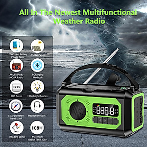 12000mAh Hand Crank Emergency Radio, AM/FM/NOAA Weather Radio, Emergency Radio,Multi-Function Solar Powered Radio,2 Solar Panels,USB Type-C Charging,Torch & LED Reading Lamp,SOS Alarm,Compass(Green)