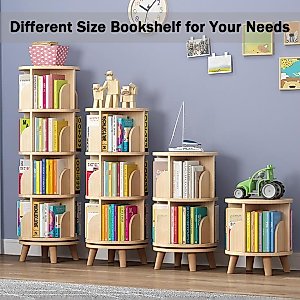 Gdrasuya10 4 Tier Rotating Bookshelf with Legs, Floor Standing Bookshelf Stackable Bookshelf Wood Bookcase Round Bookshelf 360 Display Book Shelf for Living Room Bedroom