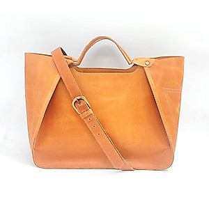 Genuine Full Grain Leather Shoulder Tote Bag for Women (Tan)