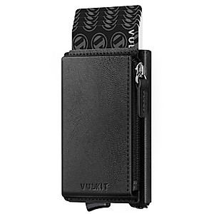 VULKIT Credit Card Holder with Leather Zipper Pocket Pop up wallet RFID Blocking Slim Metal Card Case for Men or Women(Black)