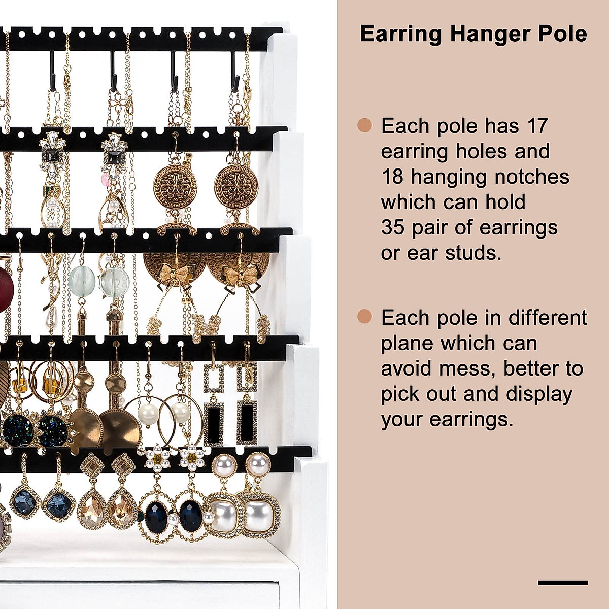 Pinzoveco Earring Organizer, 5 Layer Earring Holder Organizer with Necklace Holder Pole, Rustic Wood Jewelry Organizer Stand Display for Stud Earring Bracelet Necklace Ring, 175 Earring Holes