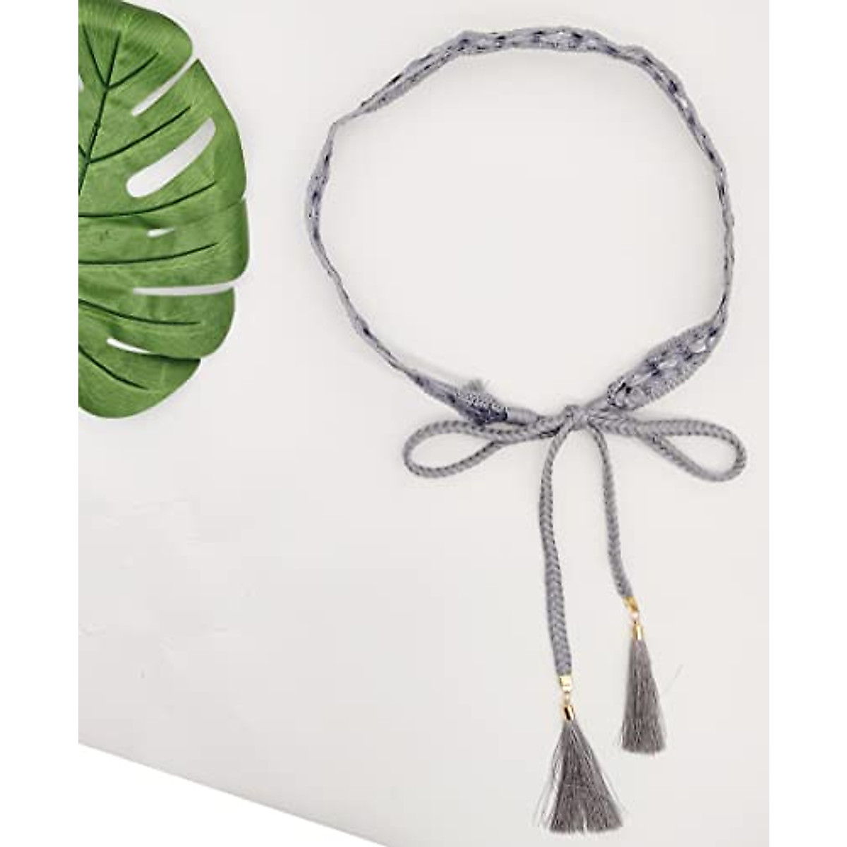 Women Girls Braided Knotted Waist Belt Skinny Mixed Color Rope Exotic Chain Tassel for Dress Skirt (Grey Lace)