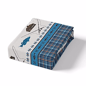 jejeloiu Fish Sheets with Deep Pocket Fitted Sheet Fish Hook Fishing Theme Sheet Set for Boys Girls Children Sea Animal Buffalo Check Blue Bed Sheets Set Room Decor Full Size with 2 Pillow Case