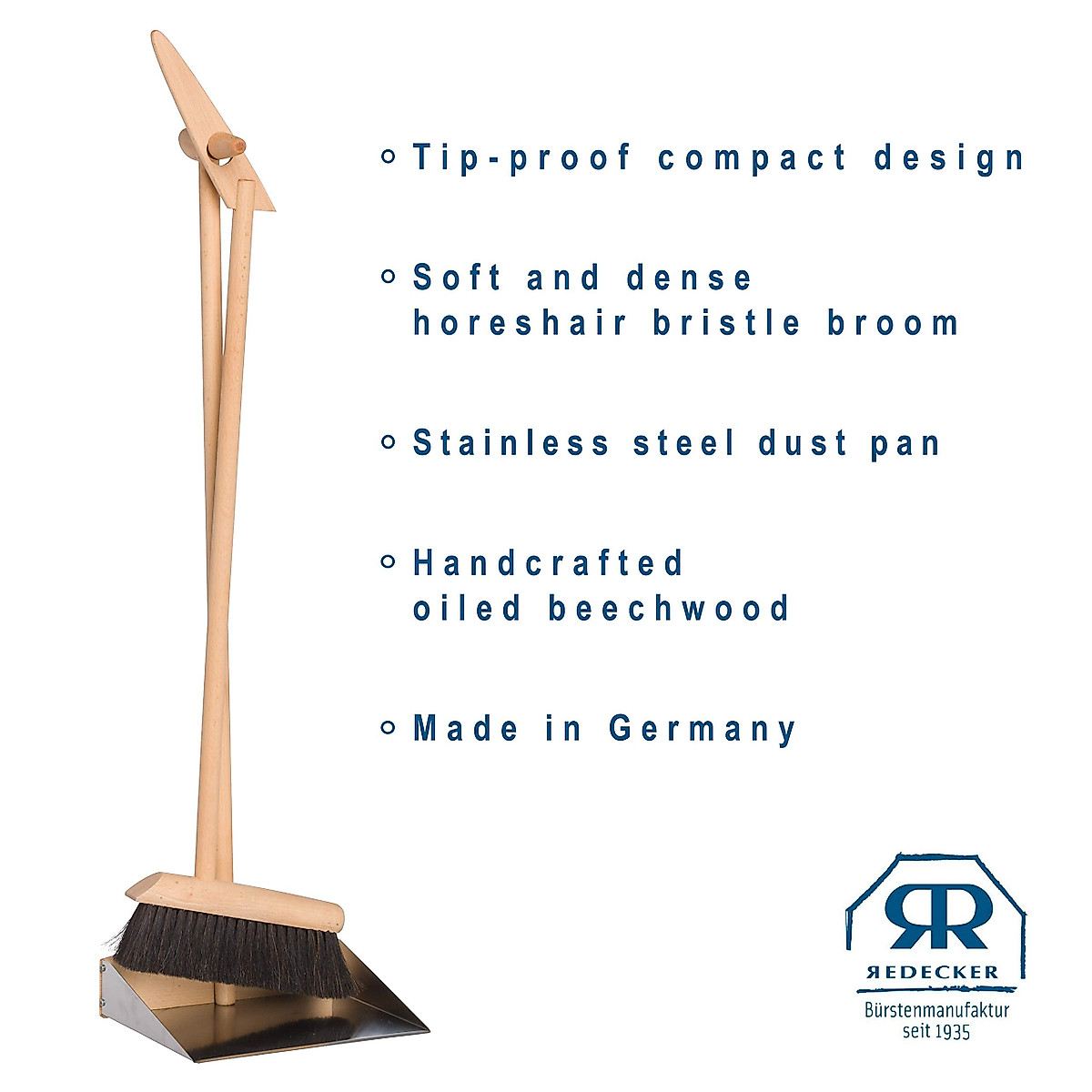 REDECKER Horsehair Broom & Stainless Steel Dust Pan Set - Oiled Beechwood Handles, 35-3/8 Inch - Broom & Dustpan Combo for Home, Kitchen, Outdoor Use - Wooden Broom and Dustpan Set, Made in Germany