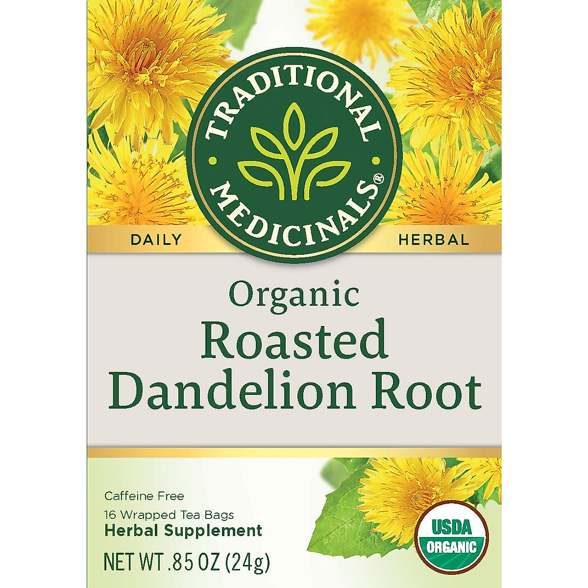 Traditional Medicinals Organic Roasted Dandelion Root Herbal Tea, Supports Healthy Digestion, (Pack of 1) - 16 Tea Bags