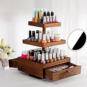 GAINWELL Nail Polish Organizer, Rotating Nail Polish Holder - Acacia Material, Nail Polish Rack with 3 Tier Display Rack and Dual Drawers, Holds up to 150 Nail Polish Bottles, Brown (US-GW-3051)