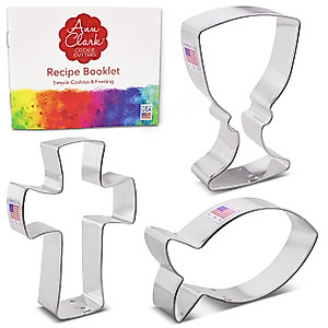 Communion Confirmation Baptism Easter Cookie Cutters 3-Pc. Set Made in the USA by Ann Clark, Chalice, Jesus Fish, Holy Cross